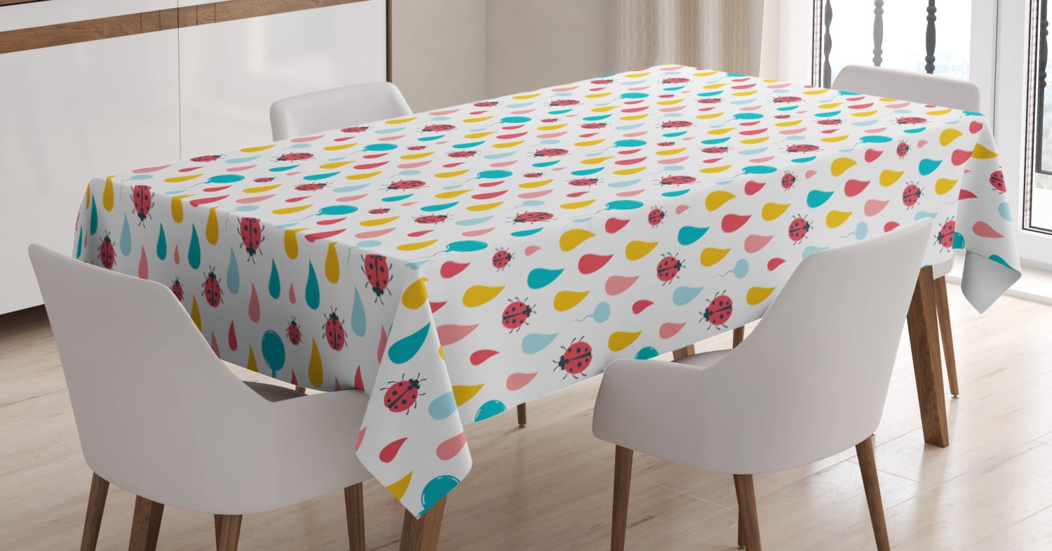 Ladybug Tablecloth, Flat Design Nursery Theme with Colorful Raindrops ...