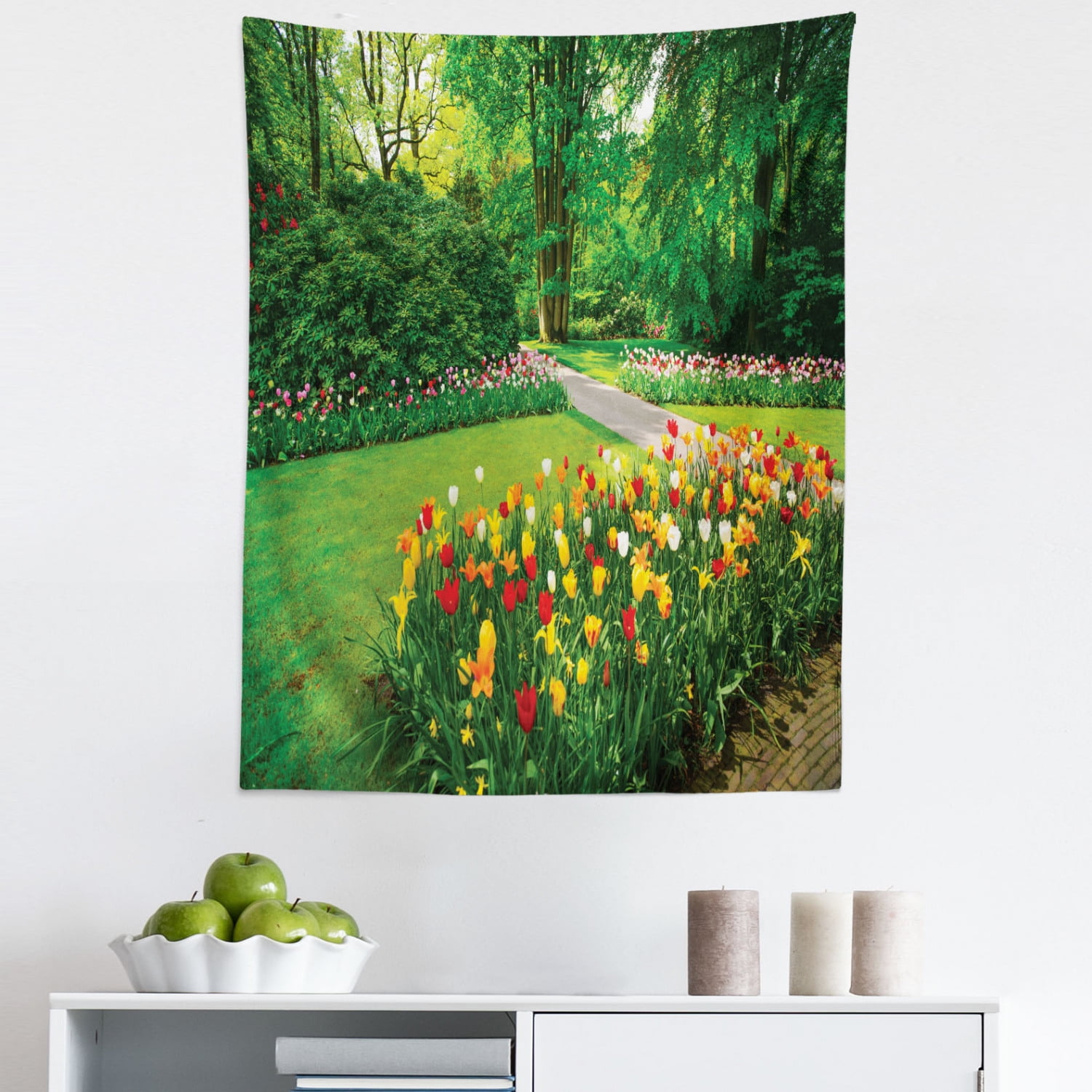 Spring Tapestry, Garden with Tulip Flowers and Trees Springtime in ...