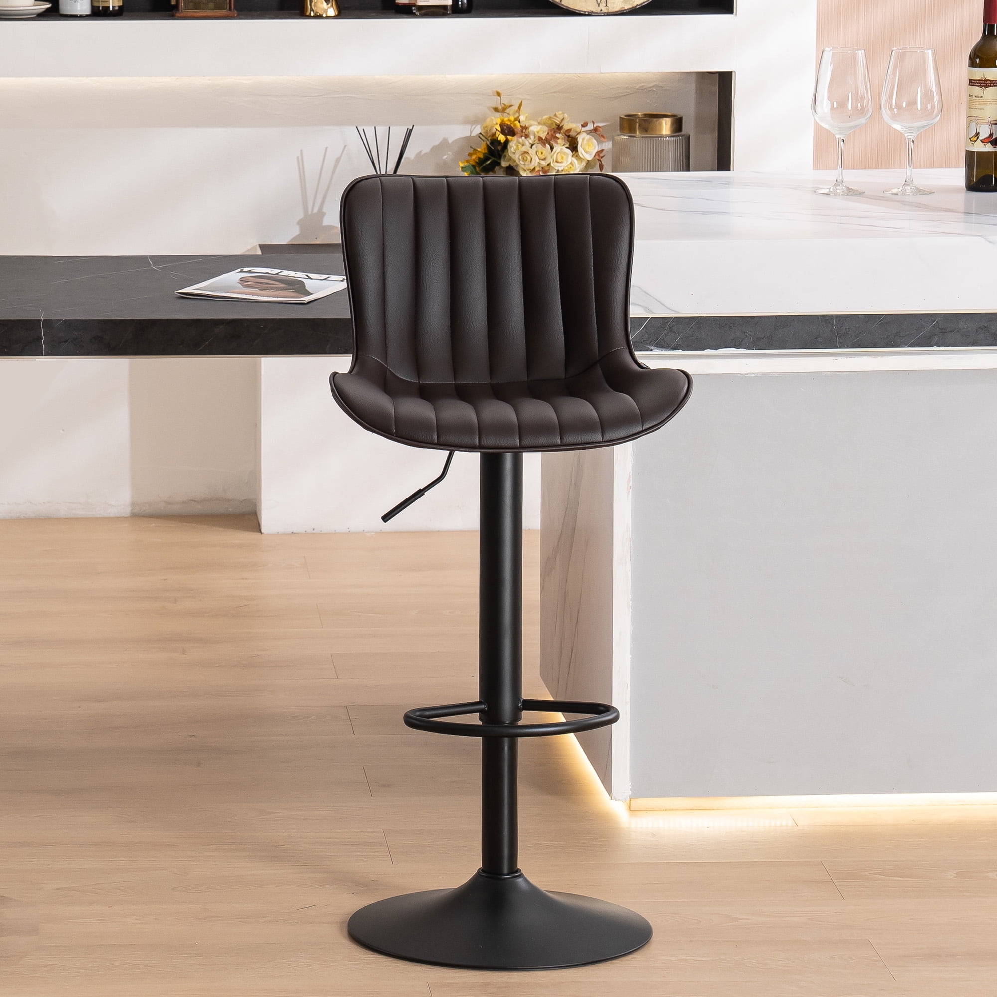 Kidol & Shellder Modern Swivel Bar Stools PU Brown Adjustable High Back ...