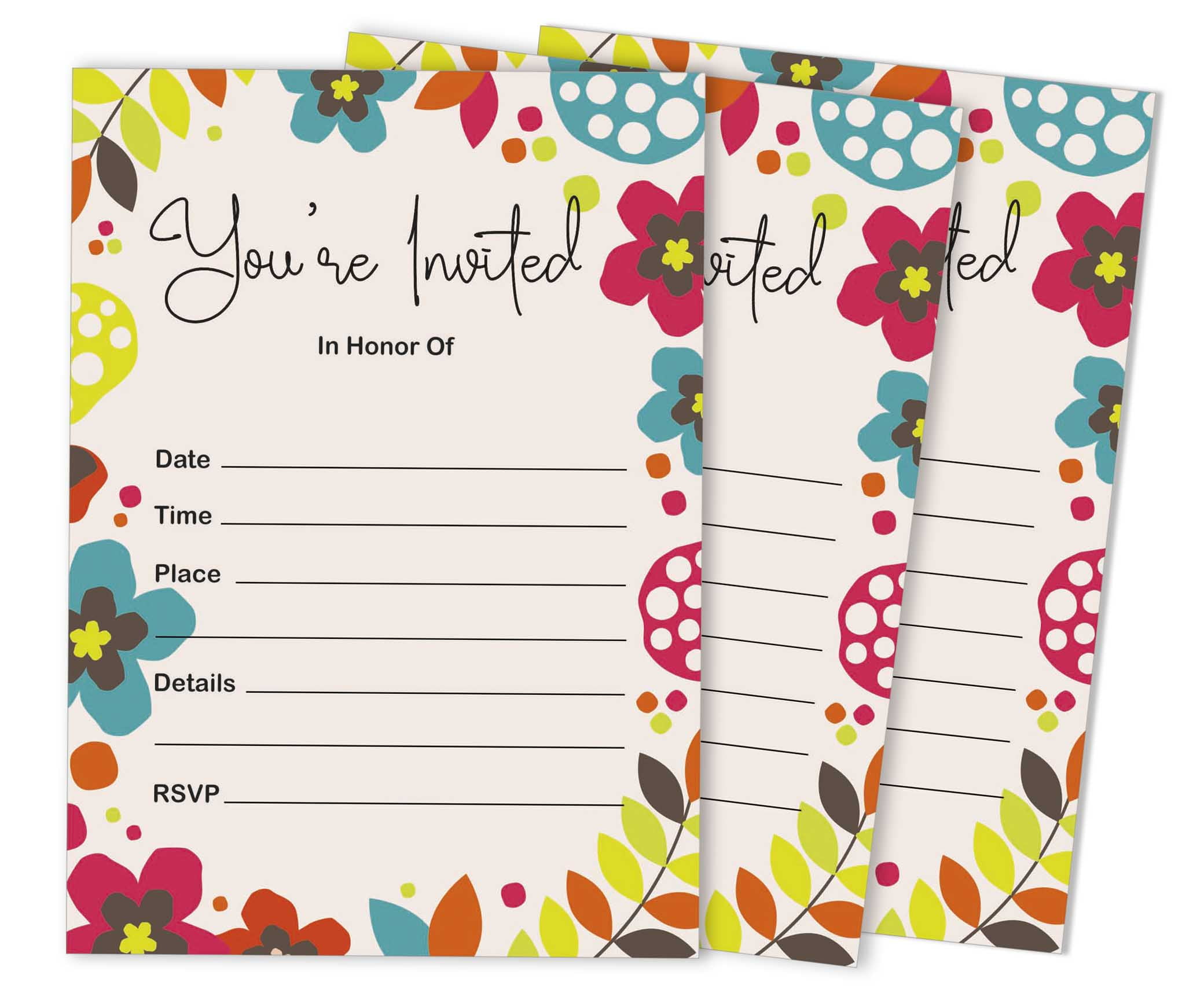Inkdotpot Pack Of 30, You're Invited Invitations With Envelopes, Floral ...