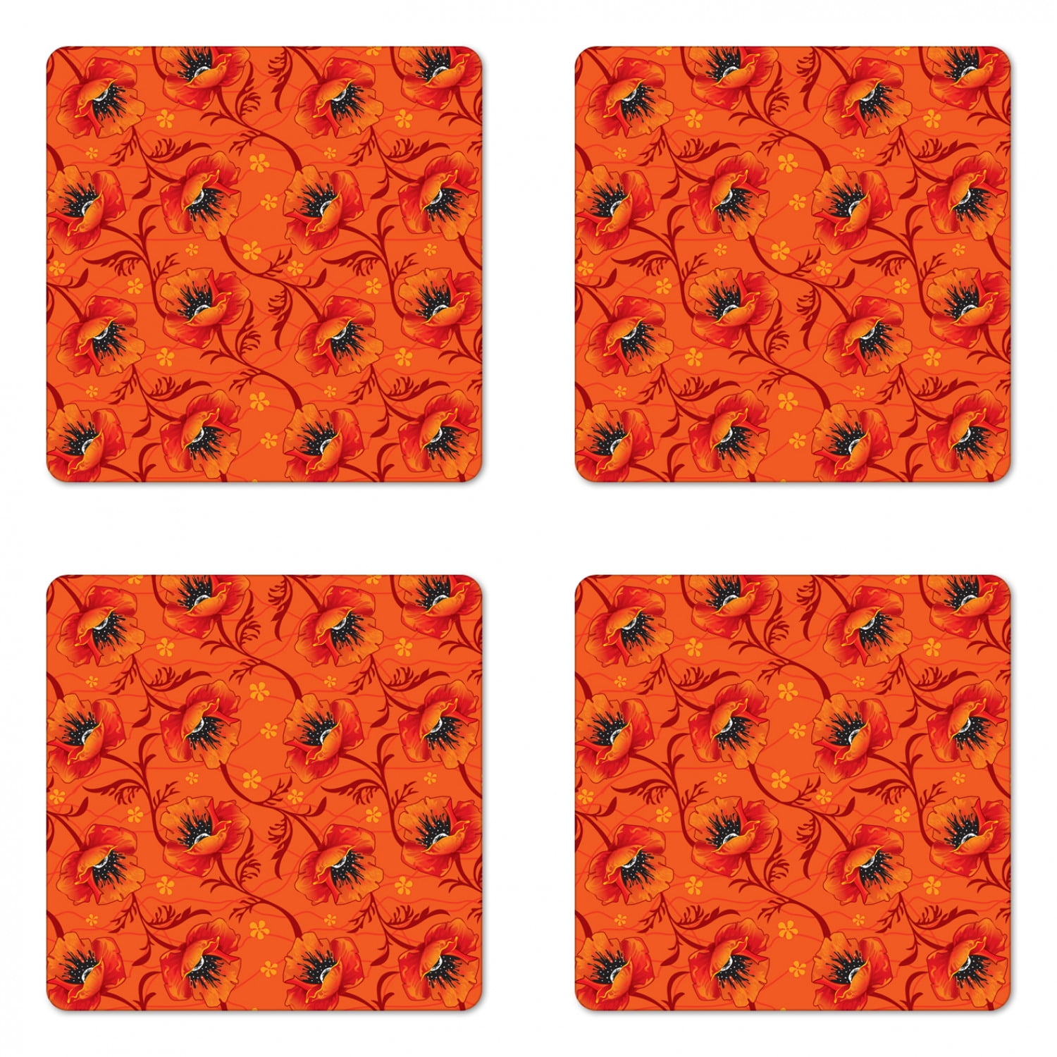 Orange Coaster Set of 4, Poppy Flower Series Blossoms Romance Bohemian ...