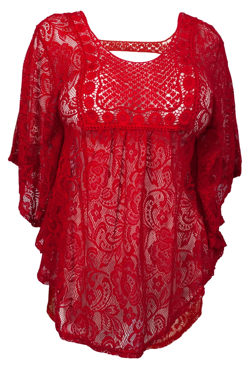 Evogues Plus Size Sheer Crochet Floral Lace Poncho Top Red
