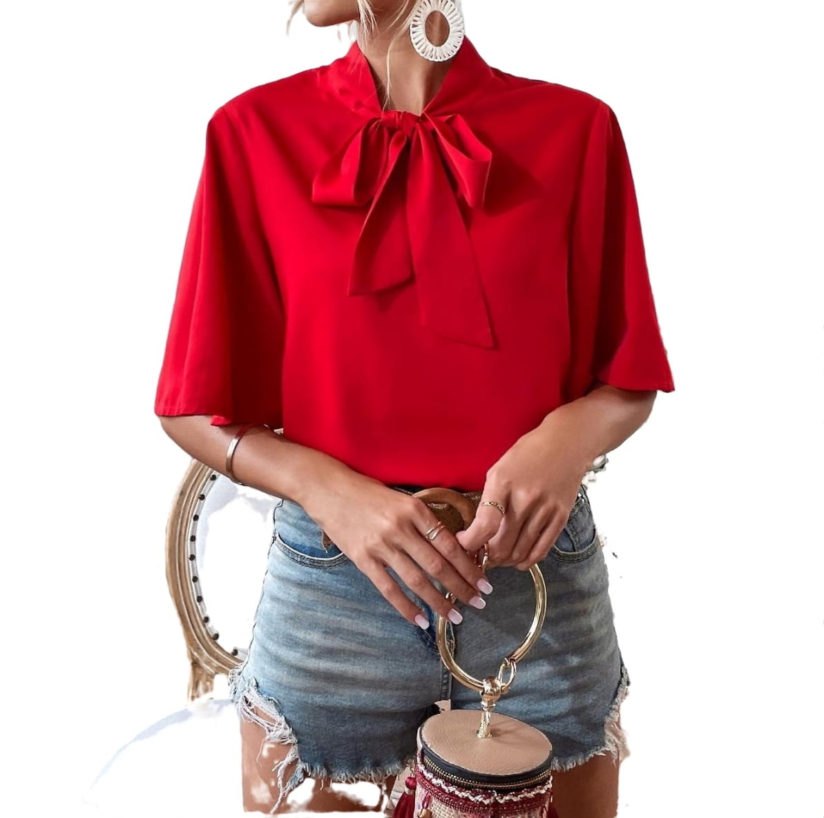 Red Elegant Plain Tops Tie Neck Women's Blouses - Walmart.com