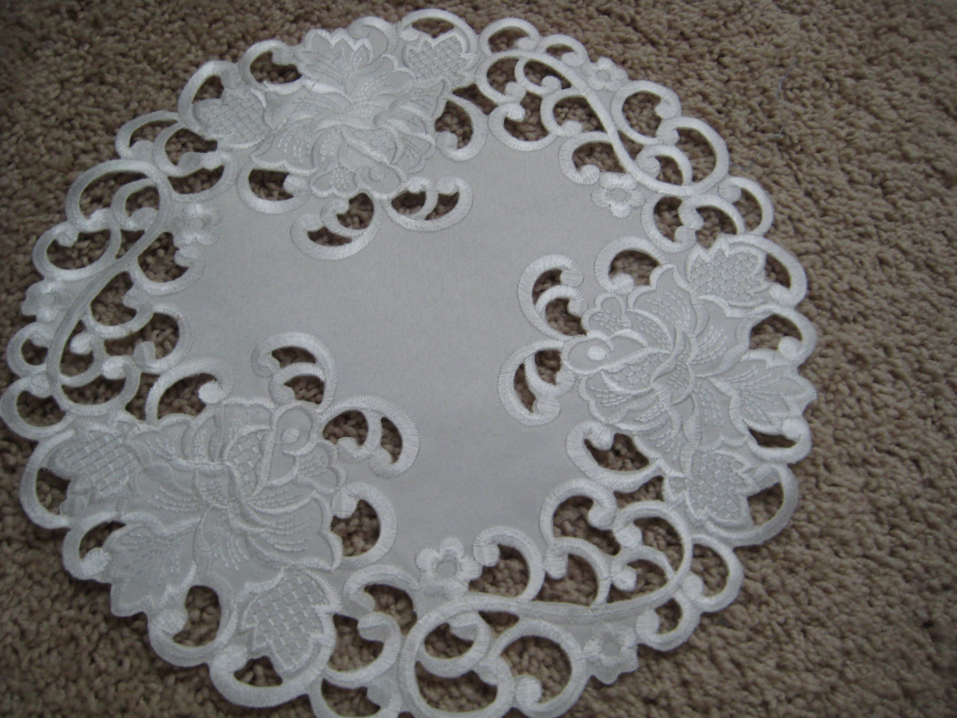 Two of Fabric Doily 11" round white flower embroidered lace cutwork ...