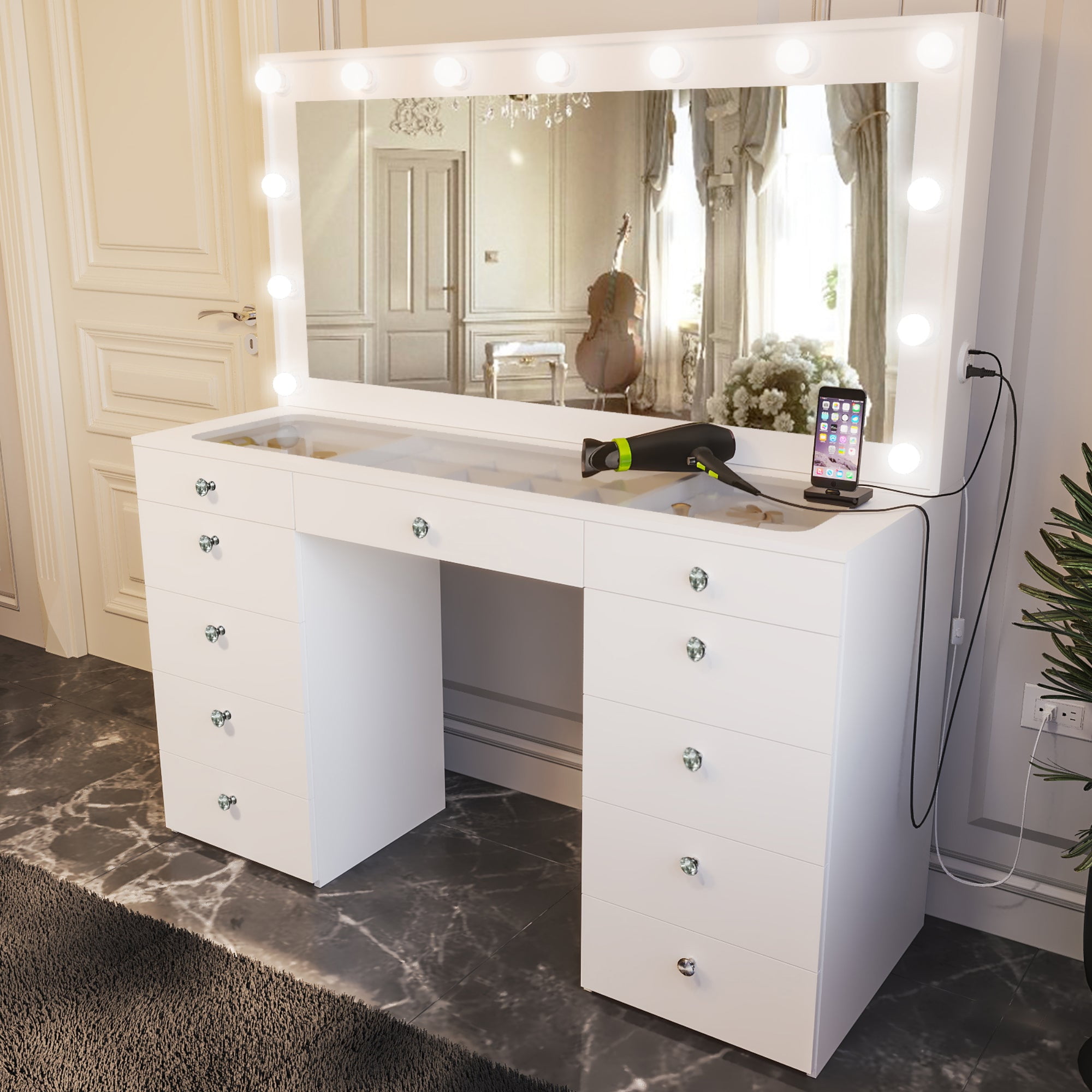Ibbie Pro Modern Lighted Vanity Table, White 11 Drawers USB Port ...