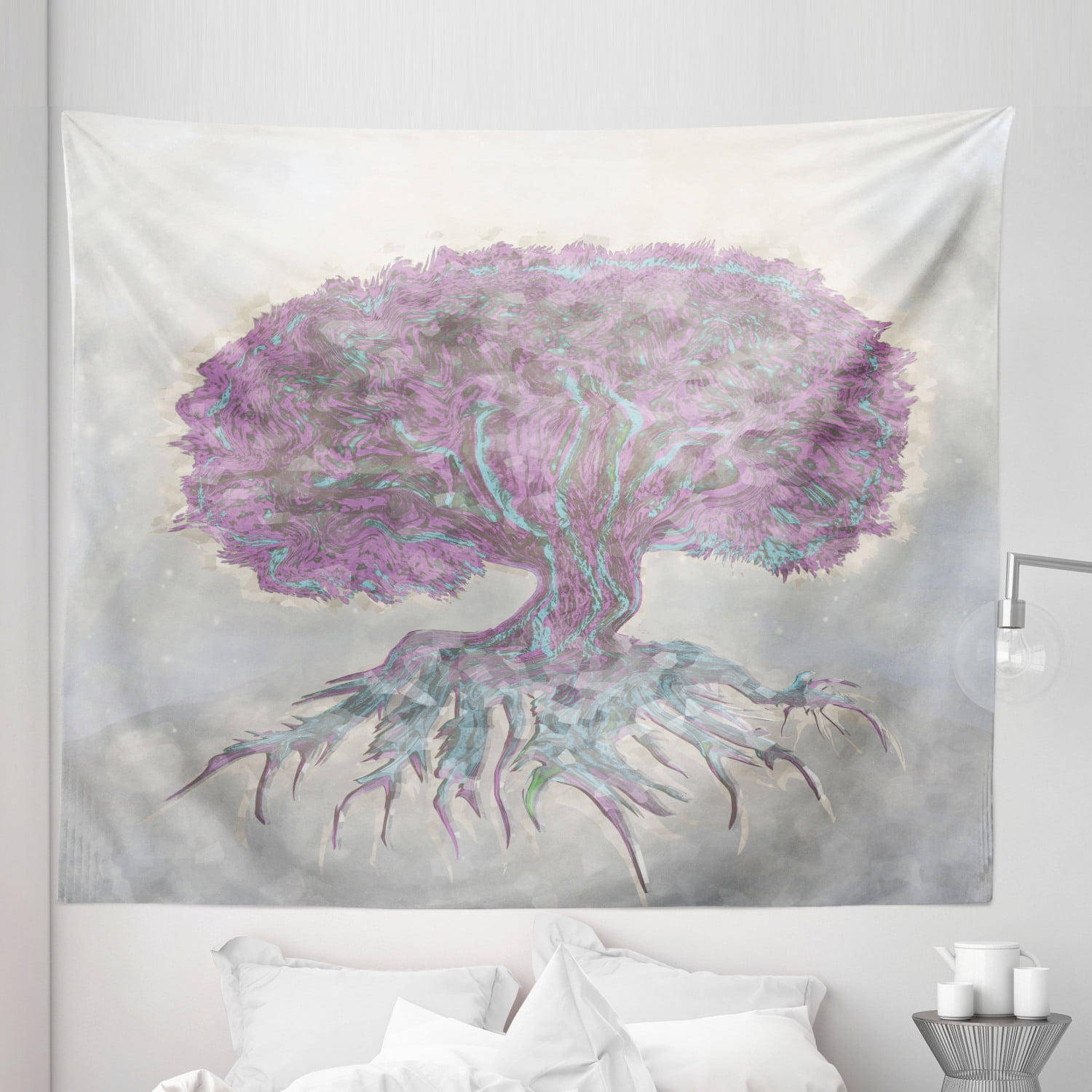 Tree Tapestry, Watercolors Style Print of Old Plant with Bokeh Design ...