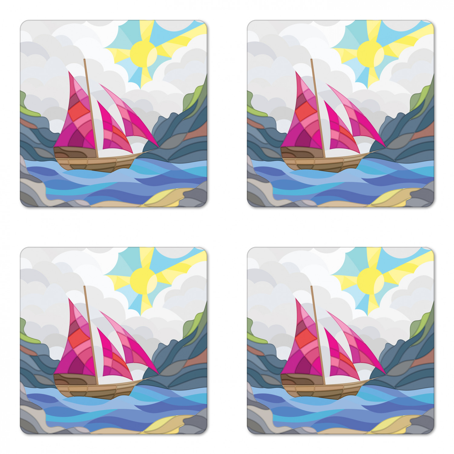 Modern Coaster Set of 4, Sun Sky Clouds Sail Boat on the Sea Vitray ...