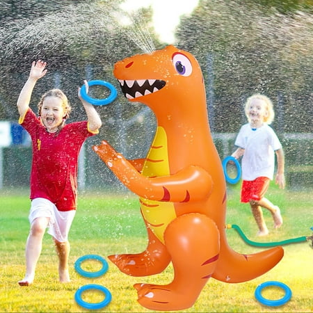 Dinosaur Sprinkler for Kids 55’’ Inflatable Water Toys with 5 Ring Toss ...