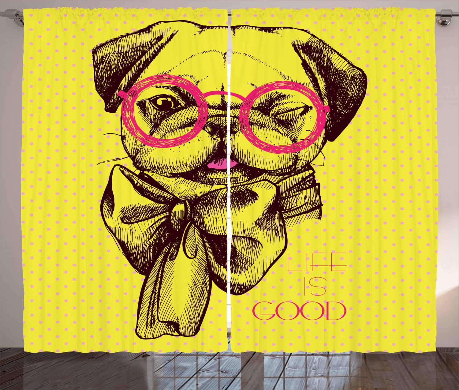 Pug Curtains 2 Panels Set, An Intellectual Dog with Glasses and a Wink ...