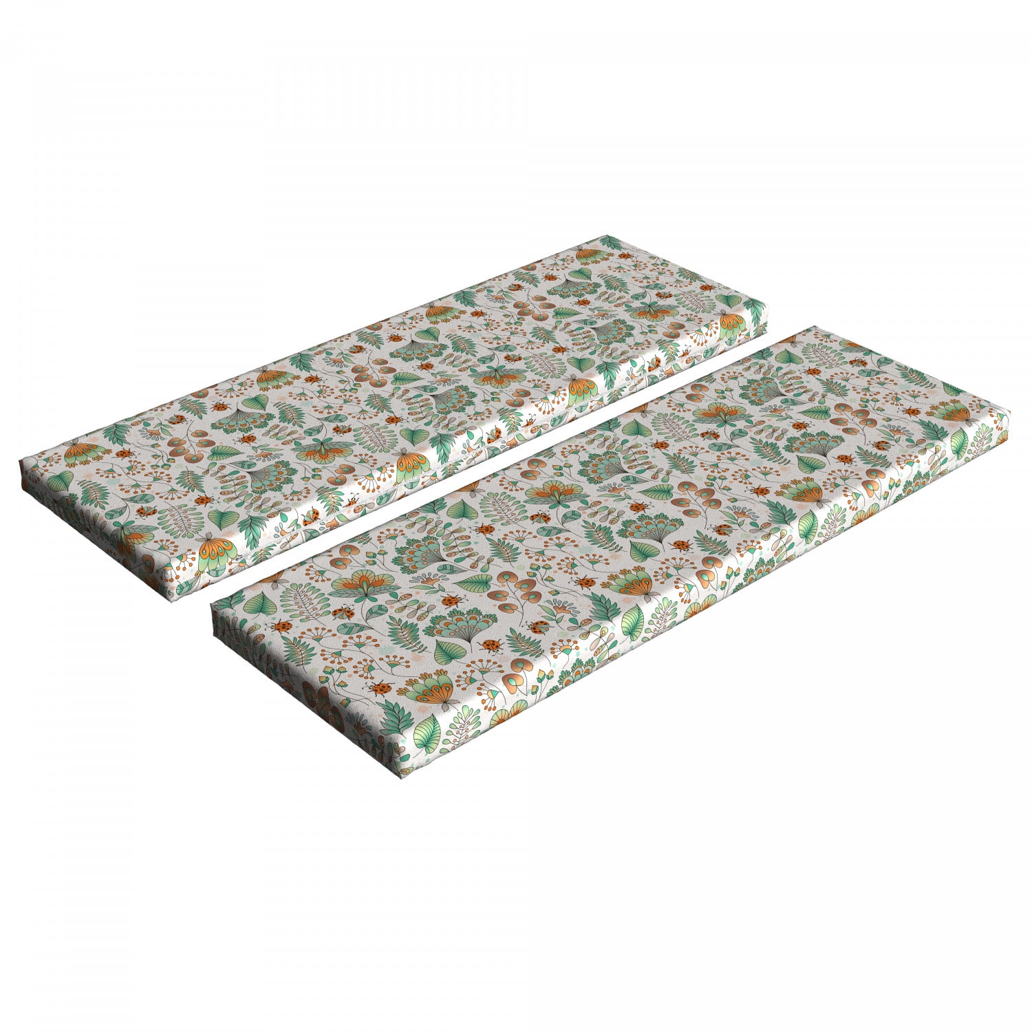 Floral Bench Cushion Set of 2, Doodle Ladybugs Botanical Leaves Petals ...