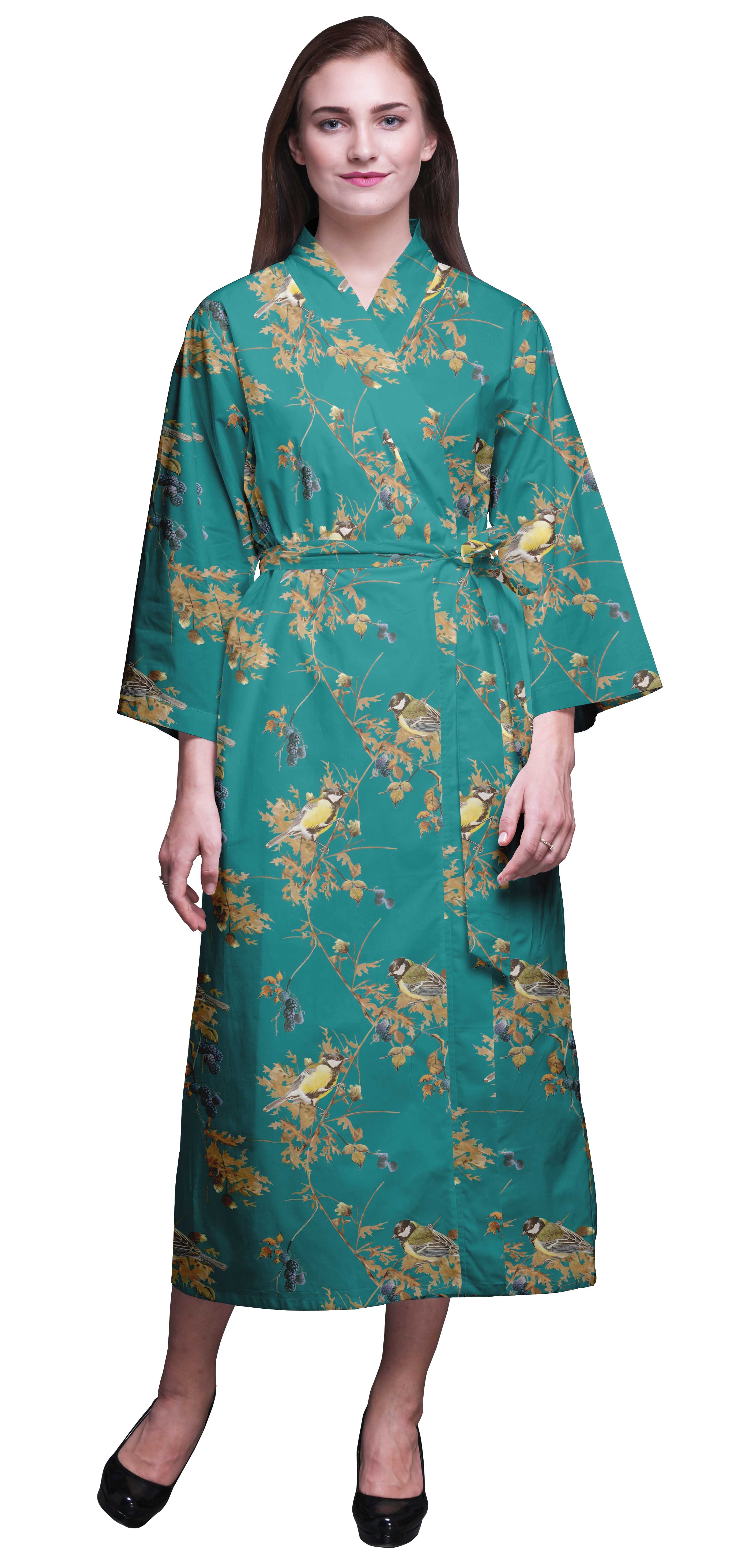 Bimba Teal Green Bird Black Berry & Yellow Sparrow Kimono Bathrobe ...