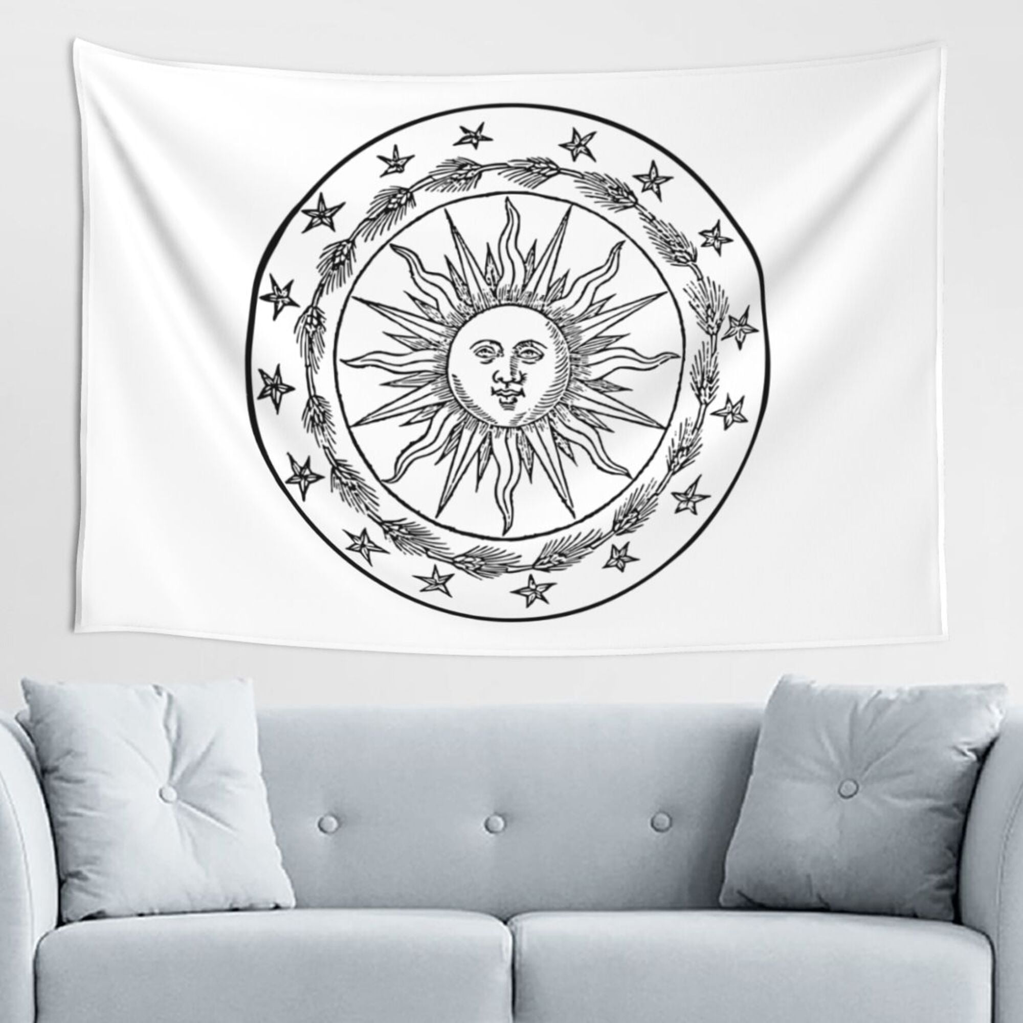 Vintage Style Sun Tapestry, Retro Stars Line Art Wall Hanging ...