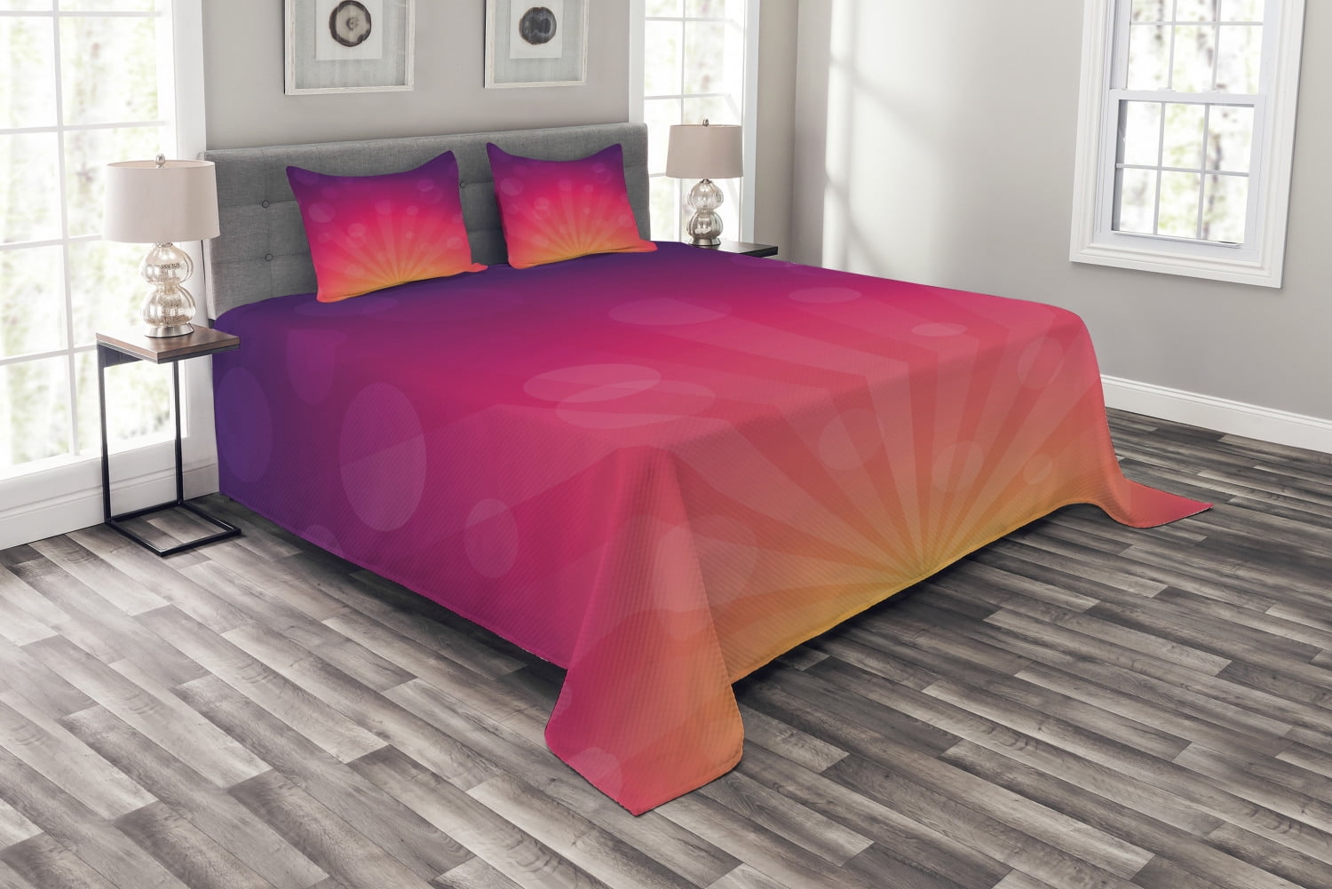 Orange and Pink Bedspread Set King Size, Ombre Inspired Background with ...
