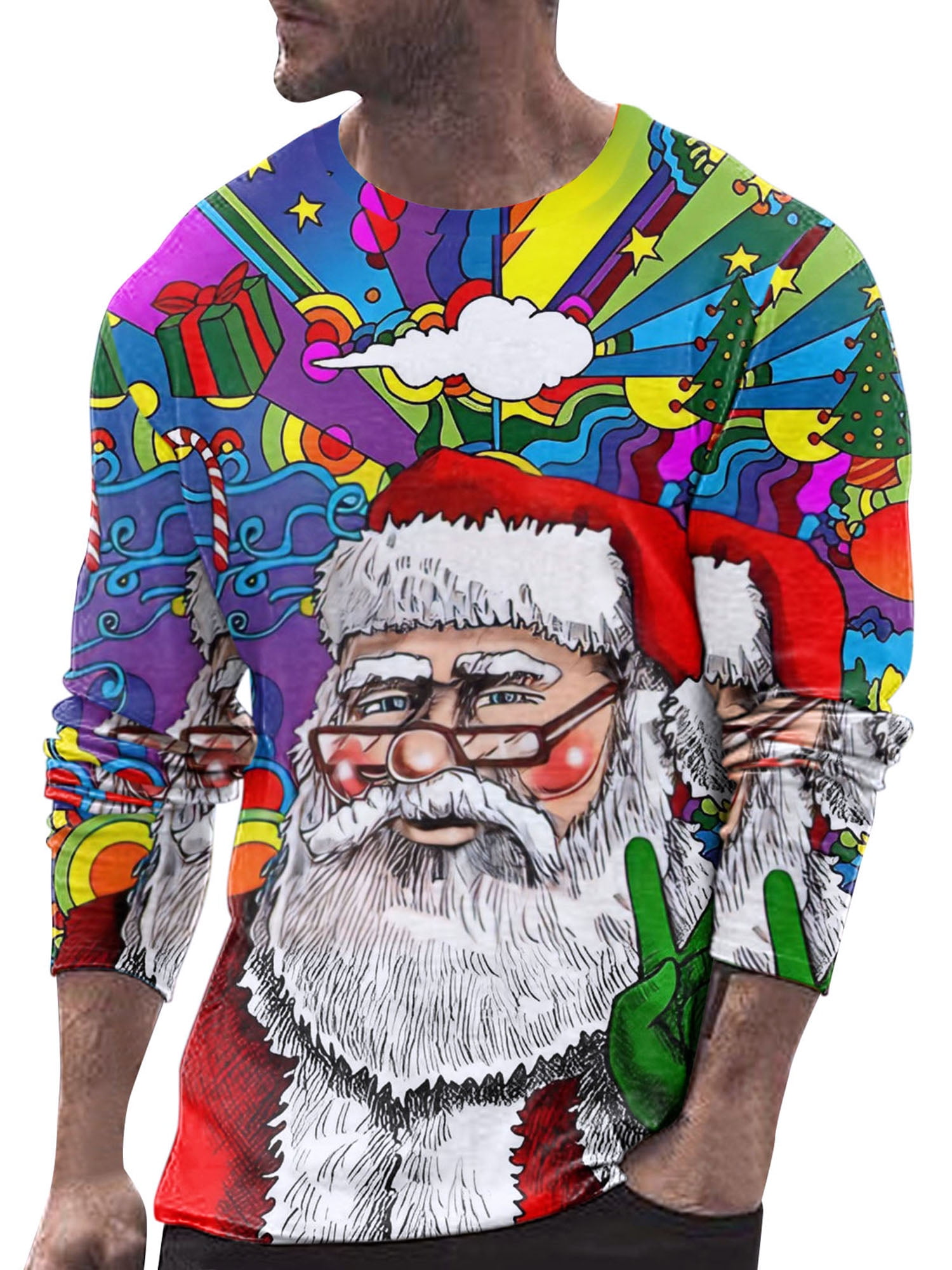 FOCUSNORM Men Christmas T-shirt Long Sleeve T-shirt Crew Neck Santa ...