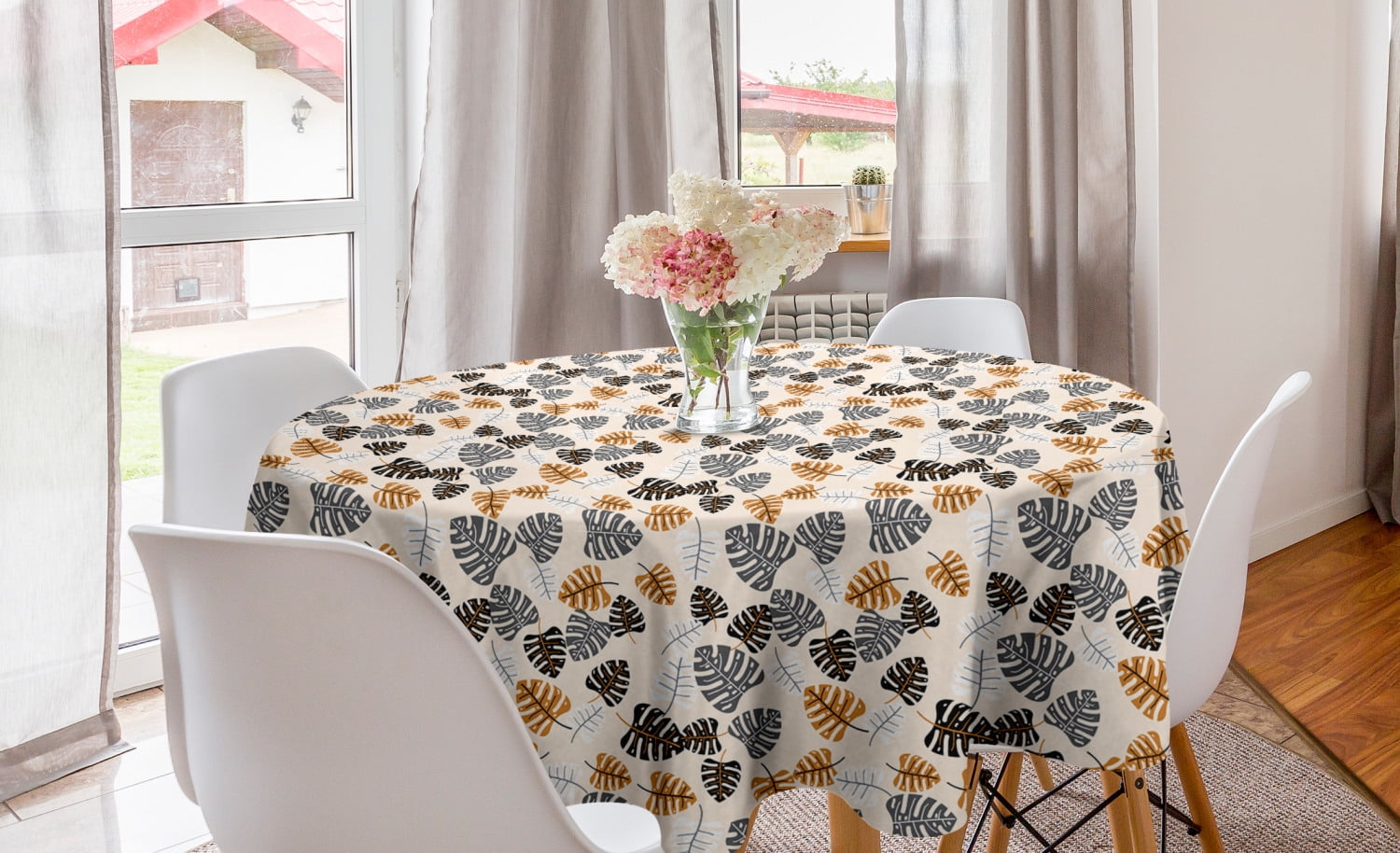 Leaves Round Tablecloth, Silhouettes of Tropical Monstera Hawaiian ...