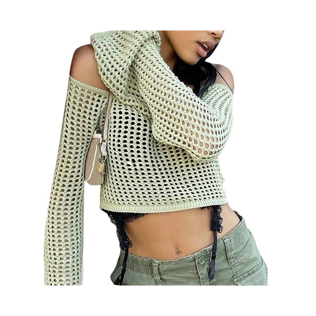 Multitrust Midriff-baring Knitted Tops for Women Fall, Boat Neck Mesh Hollow See-through Long ...