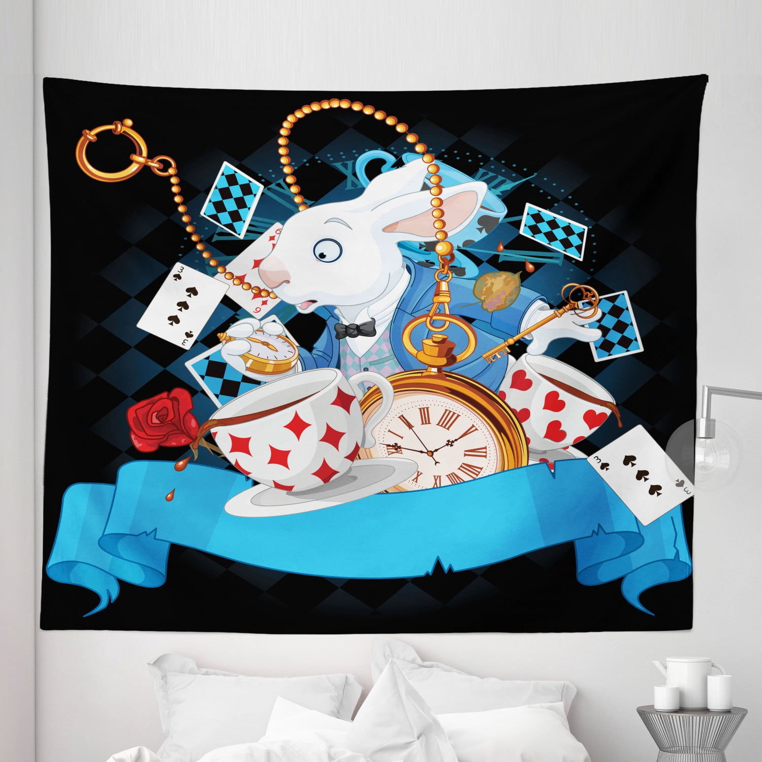 Cartoon Tapestry, Rabbit Motion Cups Hearts and Flower Character Alice ...