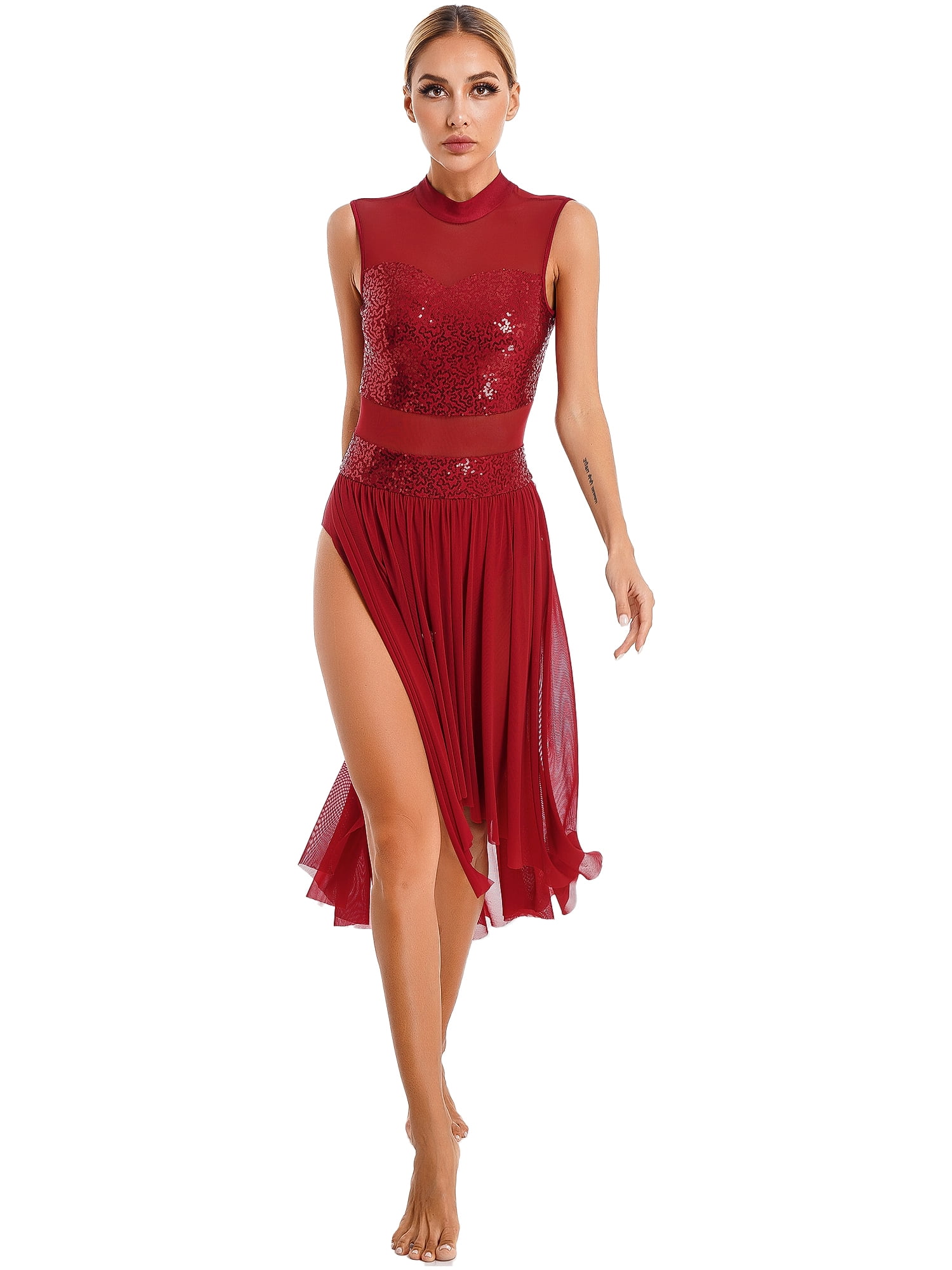 YIZYIF Womens Dance Dress Classical Sequins Mesh Dance Dress Backless ...