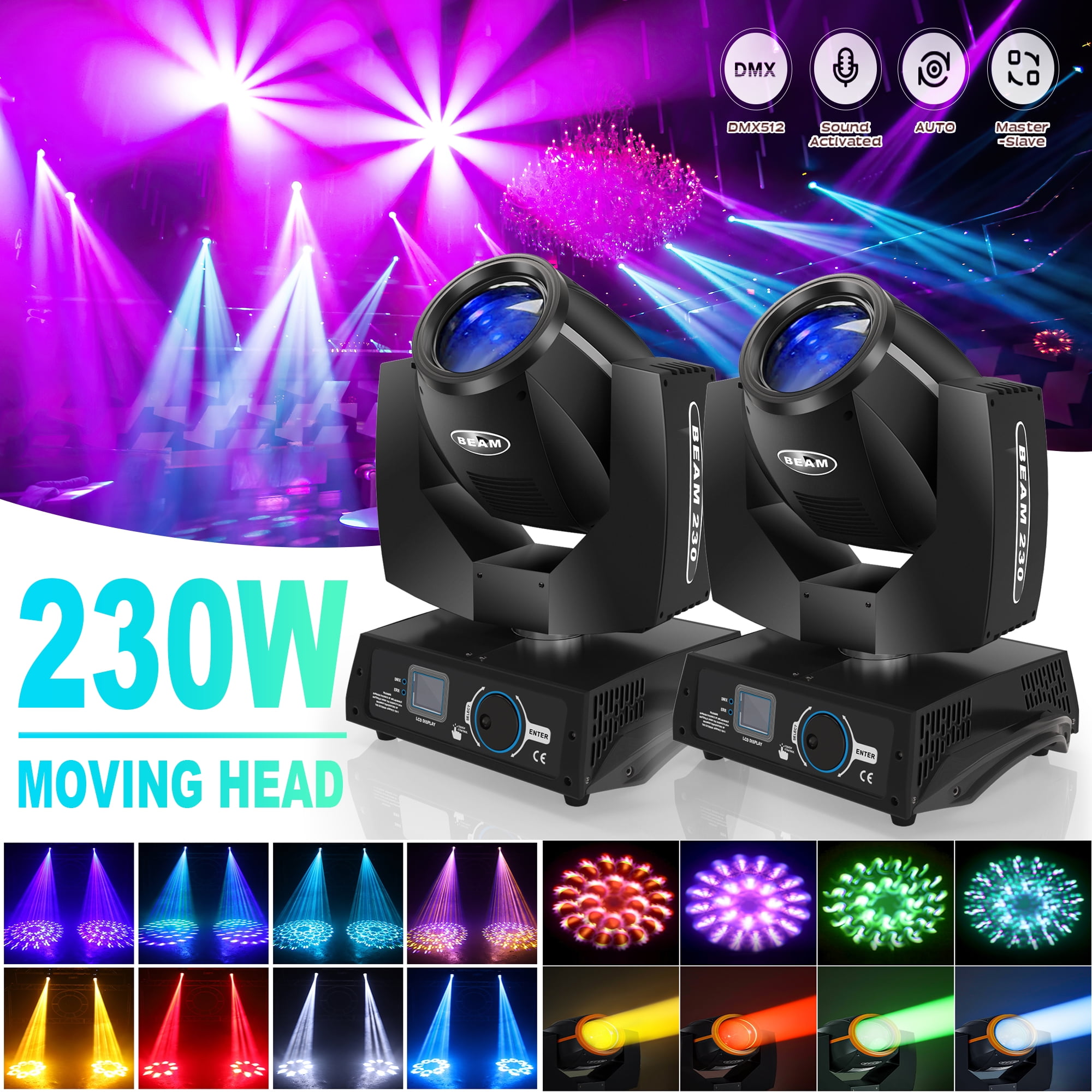 7R 230W Beam Sharpy Moving Head Light 2Pack 8 Prisms(8500K)17 Gobos DJ ...