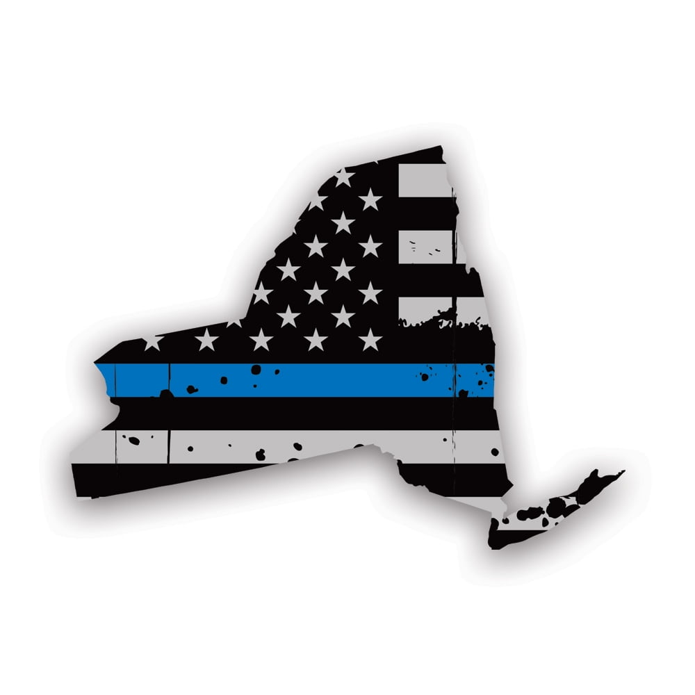 Distressed New York State Shaped Subdued US Flag Thin Blue Line Sticker ...