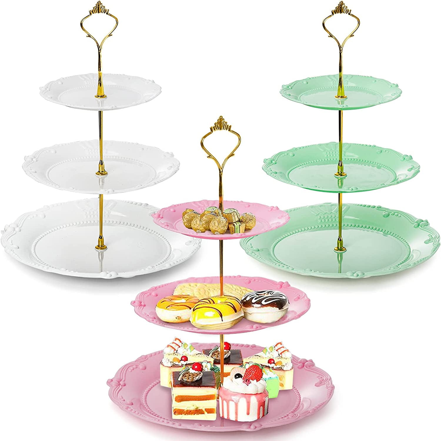 Fasmov 3 Pack 3 Tier Plastic Cupcake Stand, Dessert Plates Cake Fruit ...