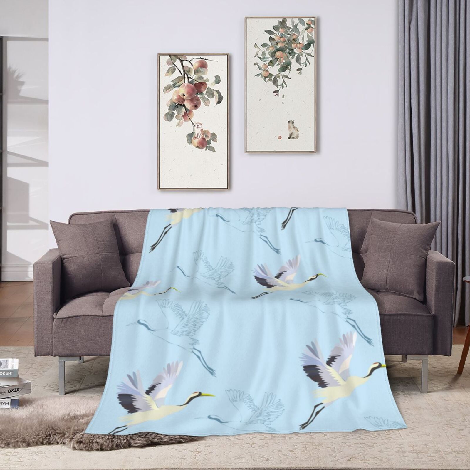 ZNDUO Blue Crane Birds Pattern Throw Blanket, Lightweight Cozy Soft ...