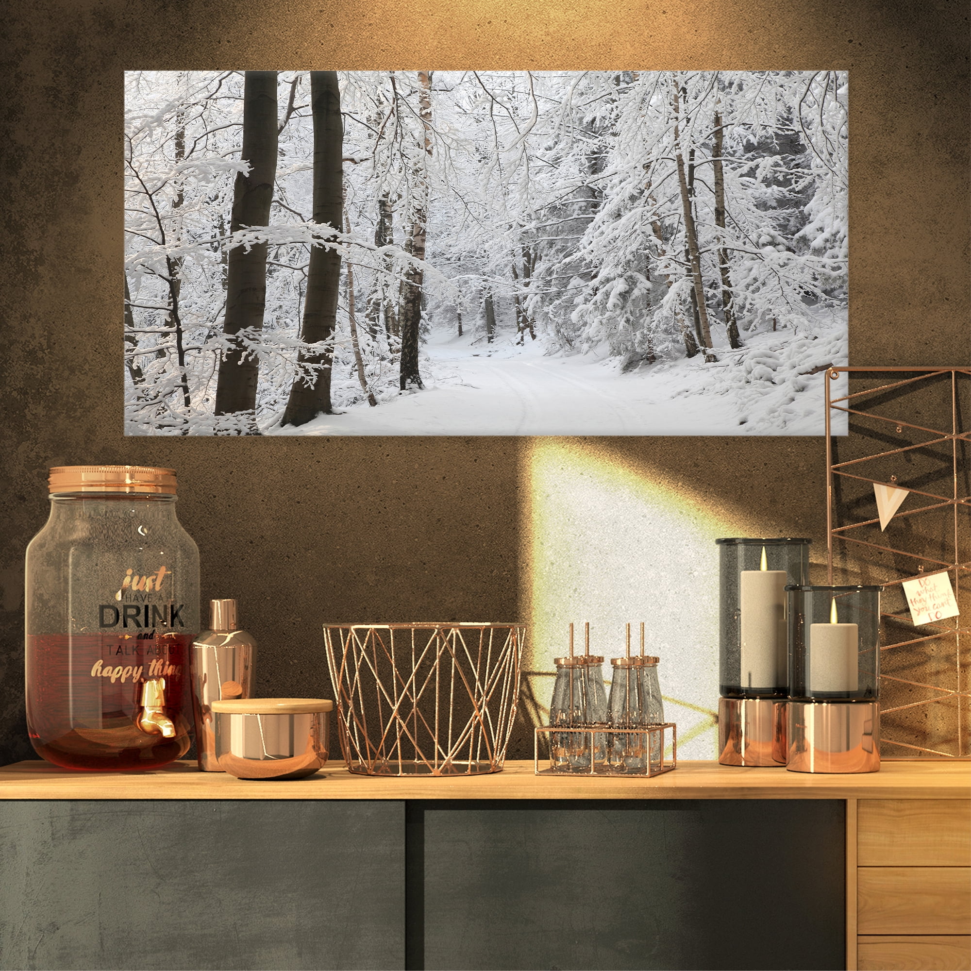Click here for Designart Dense Winter Forest And Lane - Large For... prices