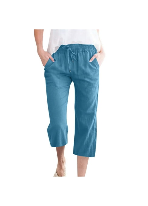 Dyegold Capris For Women Casual Summer Cotton Linen Cropped Pants Elastic Waist Drawstring Plus ...