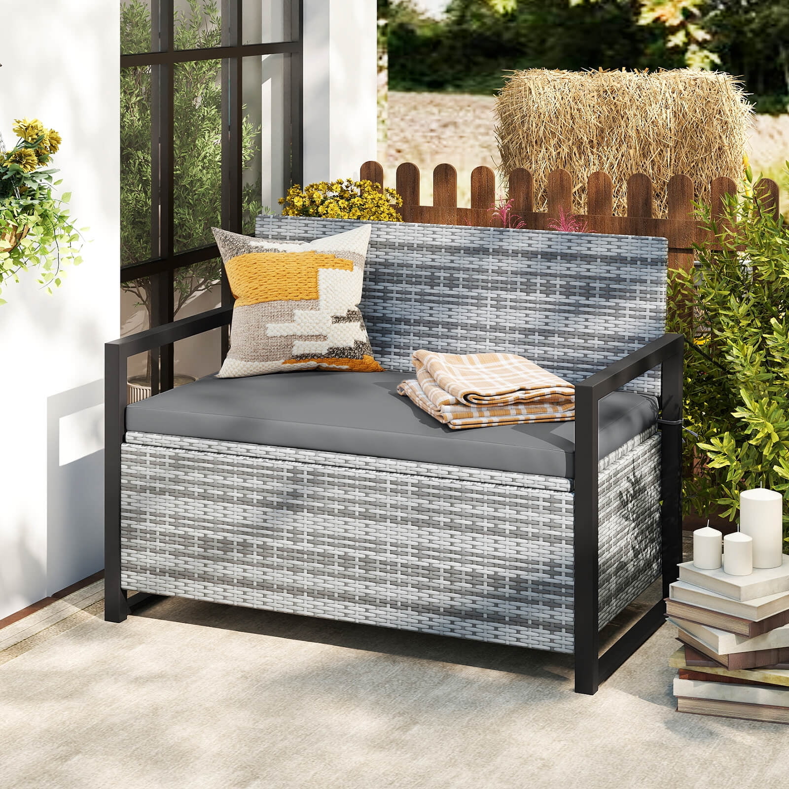 Click here for Costway Patio Storage Bench Wicker Loveseat With B... prices