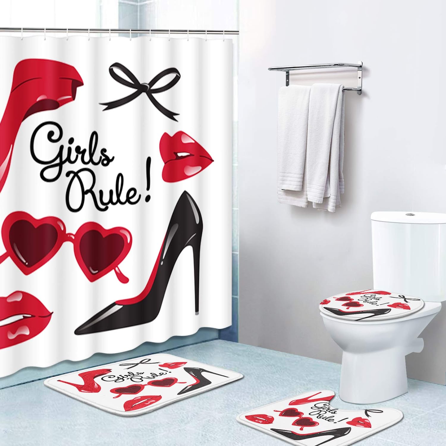 FMSHPON Woman Makeup 4 Piece Bathroom Set Shower Curtain Bath Rug ...