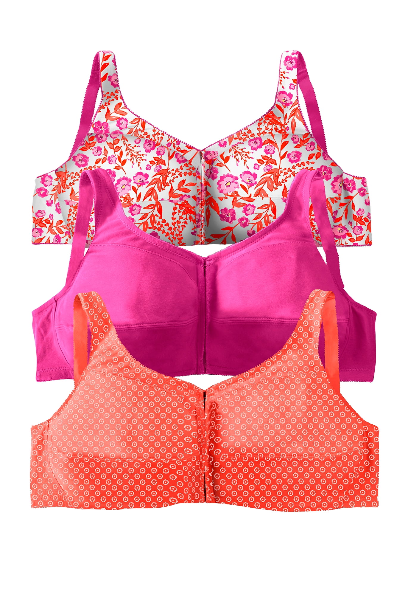 Comfort Choice Womens Plus Size 3 Pack Front Close Cotton Wireless Bra