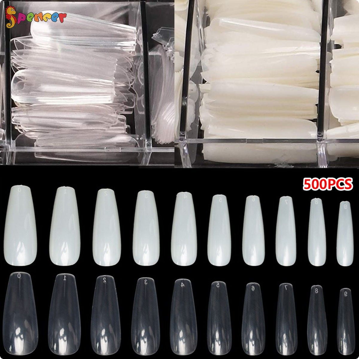 Spencer 500pcs Clear Coffin Fake Nails Full Cover Ballerina Acrylic