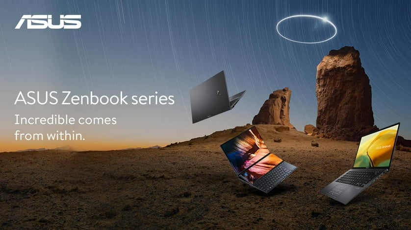 Floating ASUS Zenbooks in a desert setting.