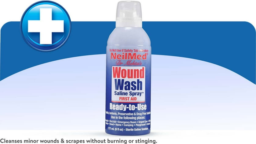 A bottle of NeilMed Wound Wash saline spray is displayed.