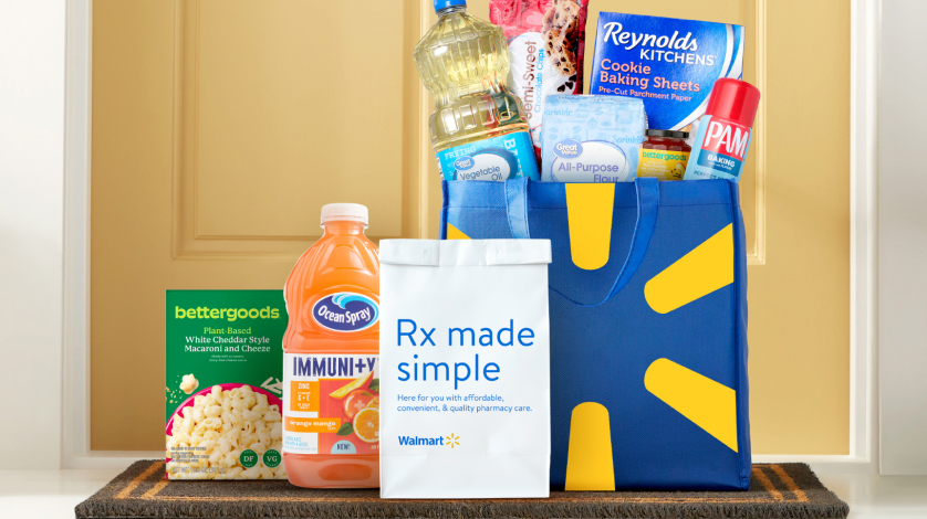 A bag of groceries at a doorstep with a prescription bag that reads “Rx ...