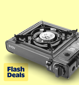 Image shows a black GVDV portable camping stove with a single burner on a light yellow background.