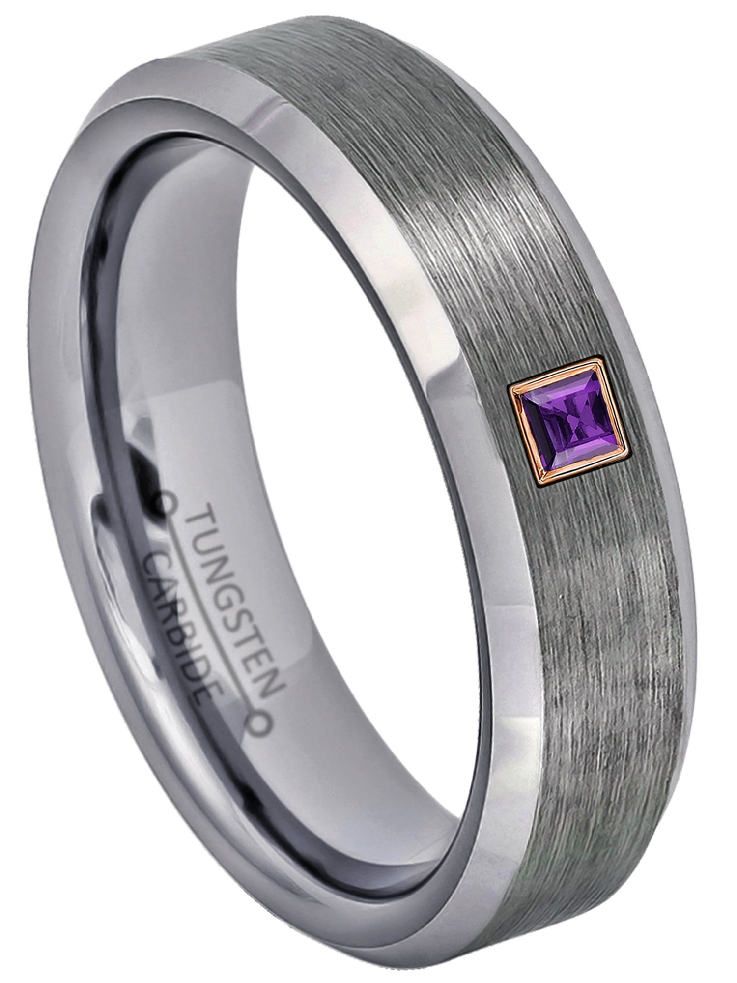 0.05ctw Princess Cut Amethyst Tungsten Ring - 6MM Brushed Finish ...