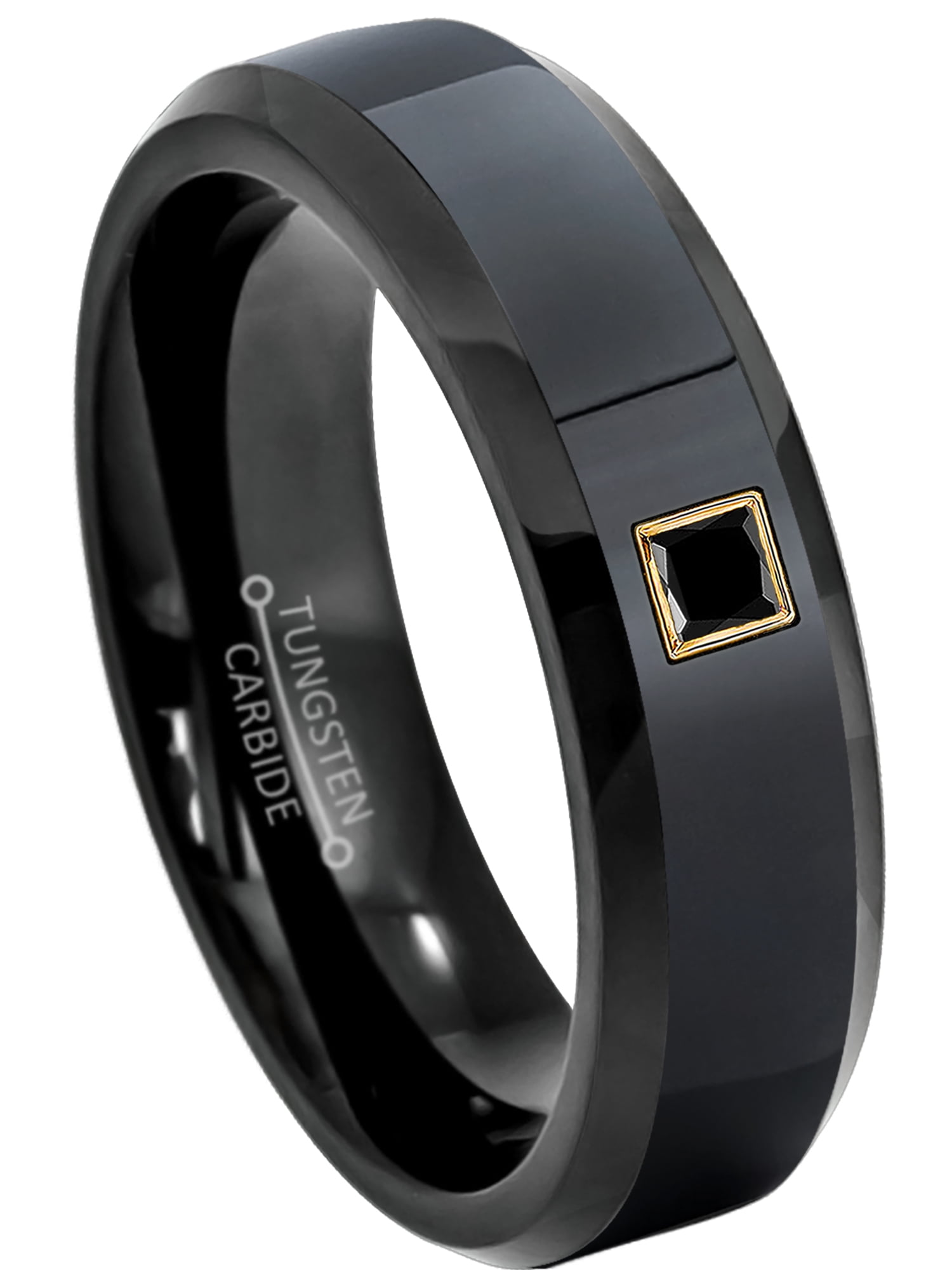 0.05ctw Princess Cut Black Diamond Tungsten Ring - 6MM Brushed Finish ...