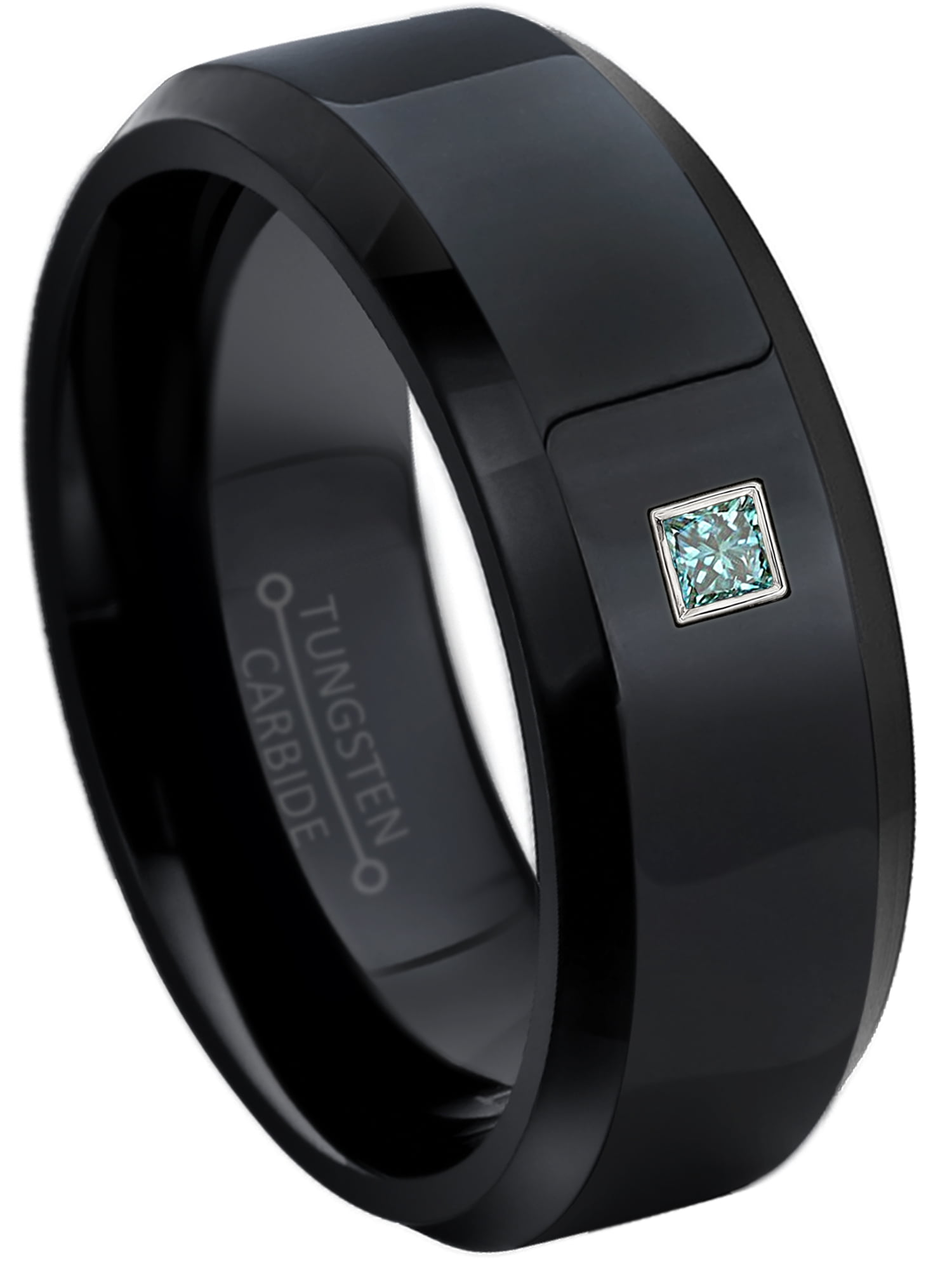 0.05ctw Princess Cut Blue Diamond Tungsten Ring - 8MM Polished Black IP ...