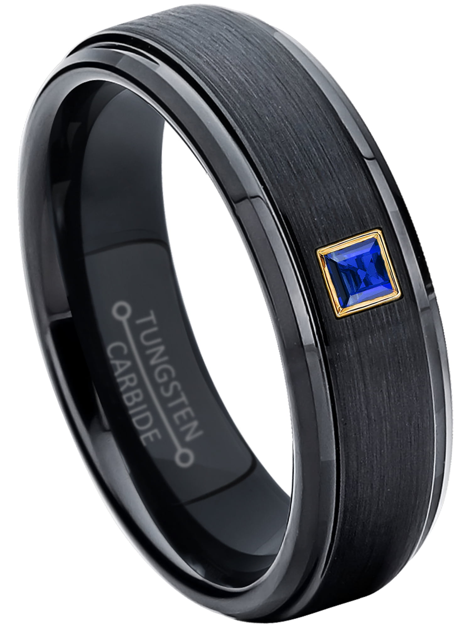 0.05ctw Princess Cut Blue Sapphire Tungsten Ring - 6MM Brushed Black IP ...