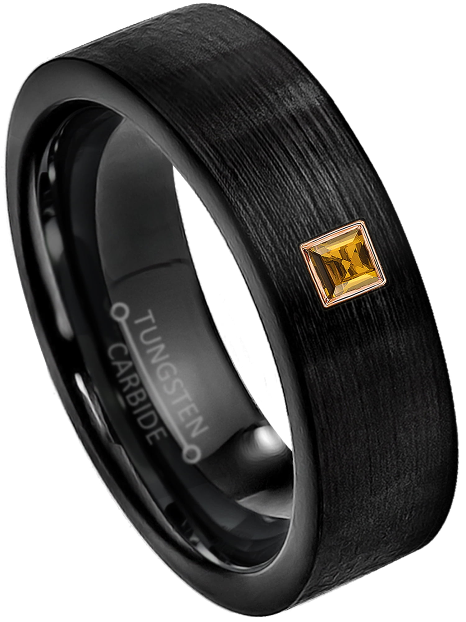 0.05ctw Princess Cut Citrine Tungsten Ring - 7MM Brushed Finish Black ...
