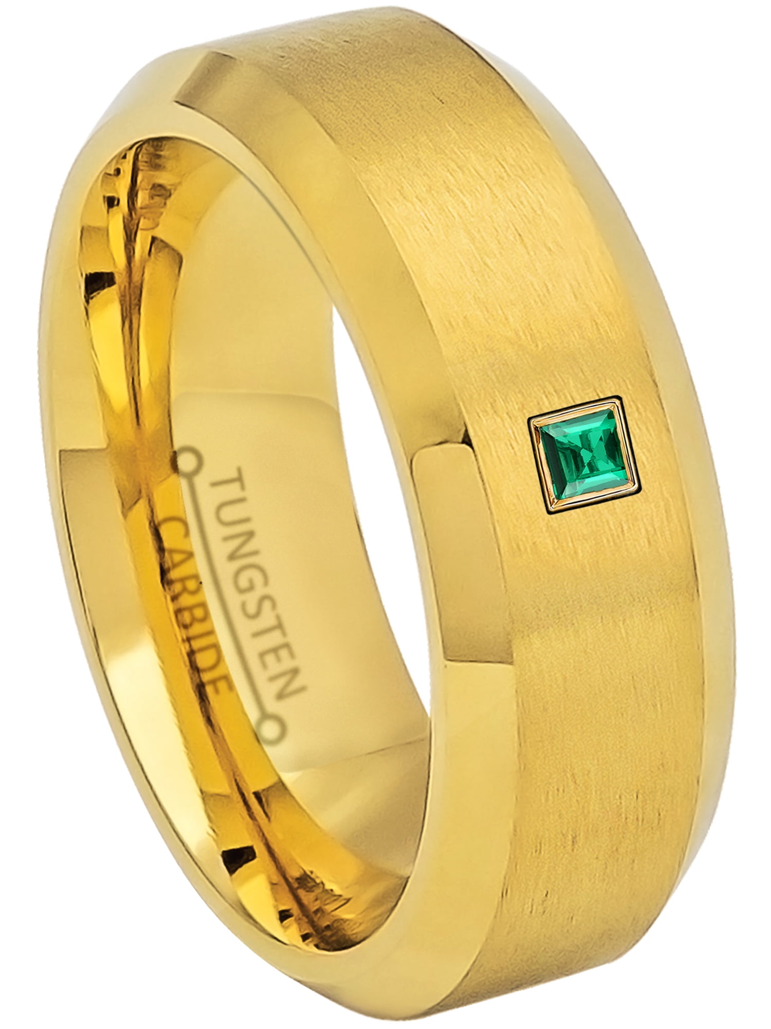 0.05ctw Princess Cut Emerald Tungsten Ring - 8MM Brushed Yellow Gold IP ...