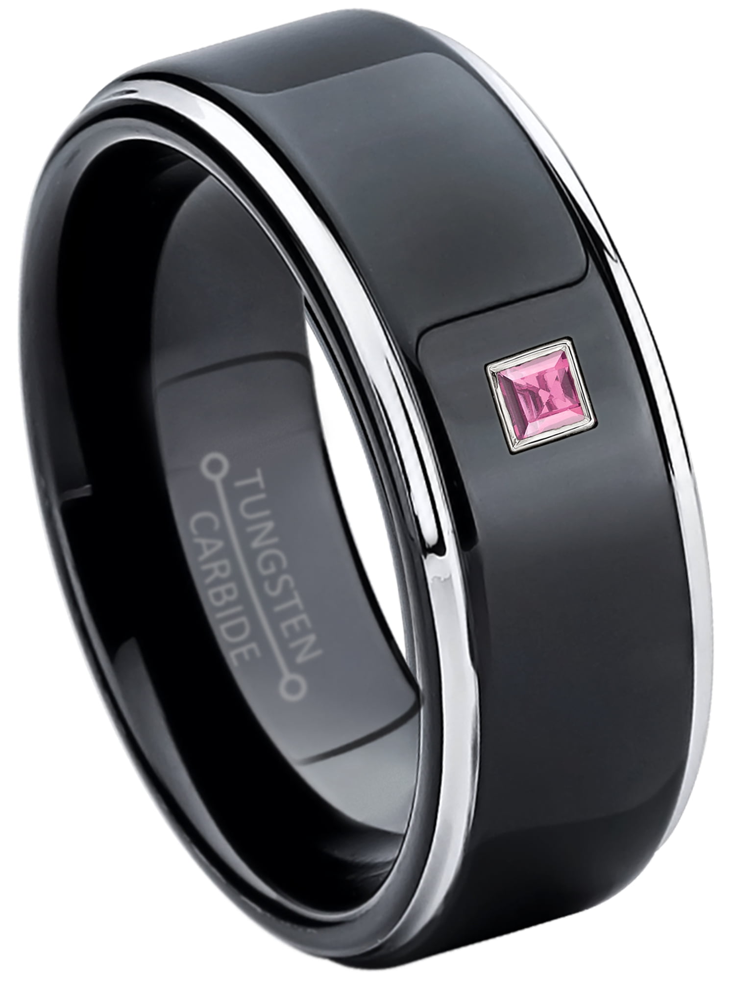 0.05ctw Princess Cut Pink Tourmaline Tungsten Ring - 8MM Polished Black ...