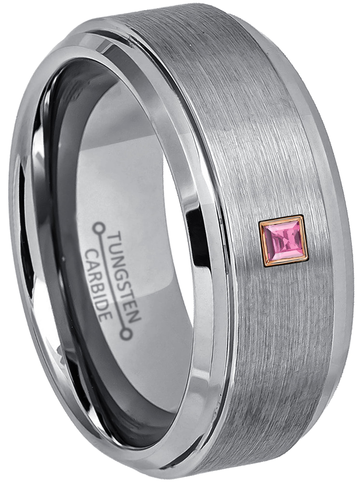 0.05ctw Princess Cut Pink Tourmaline Tungsten Ring - 9MM Brushed ...