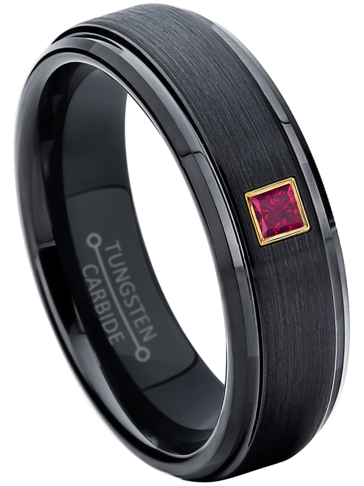 0.05ctw Princess Cut Ruby Tungsten Ring - 6MM Brushed Black IP Stepped ...