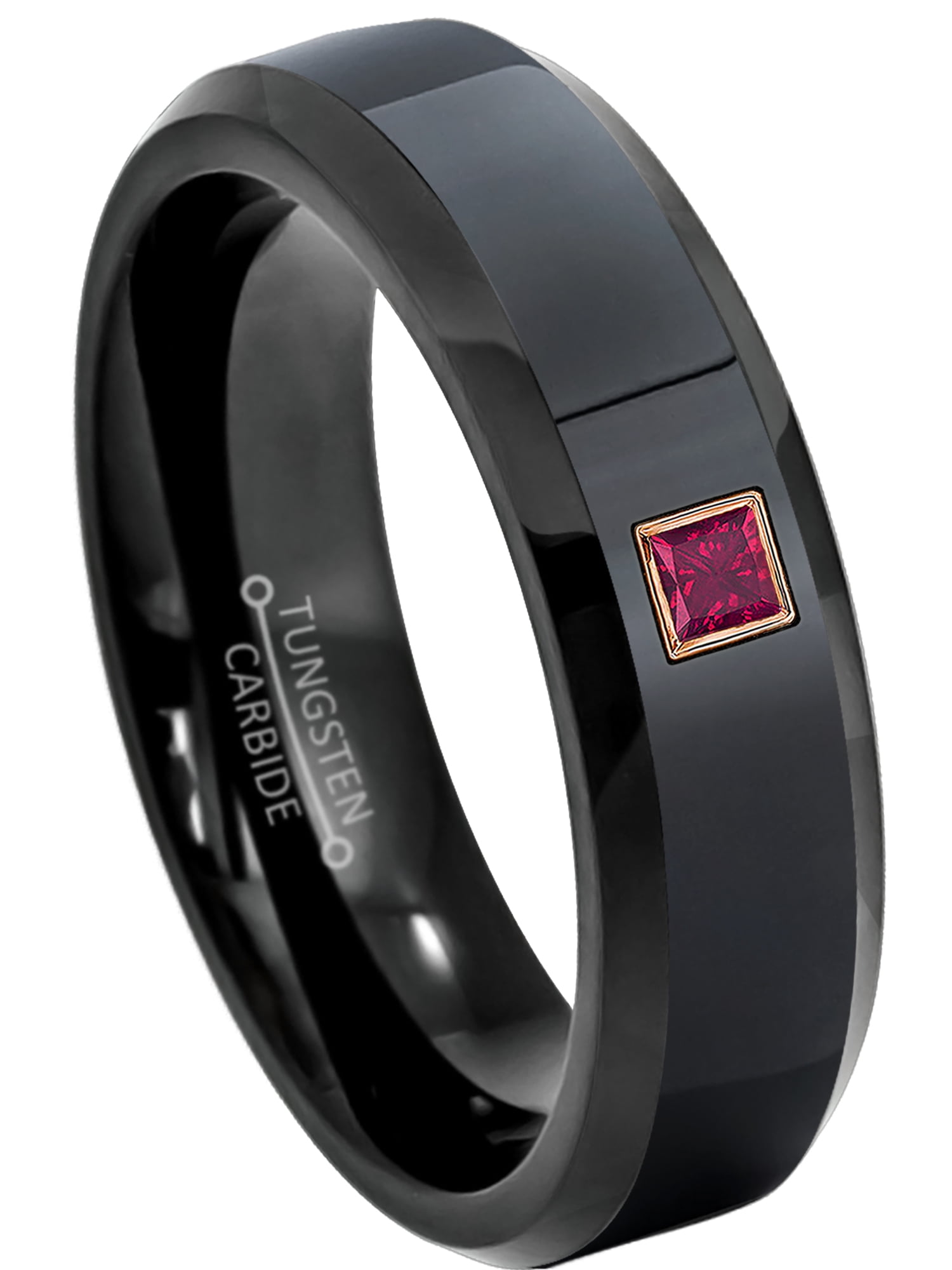 0.05ctw Princess Cut Ruby Tungsten Ring - 6MM Brushed Finish Black IP ...