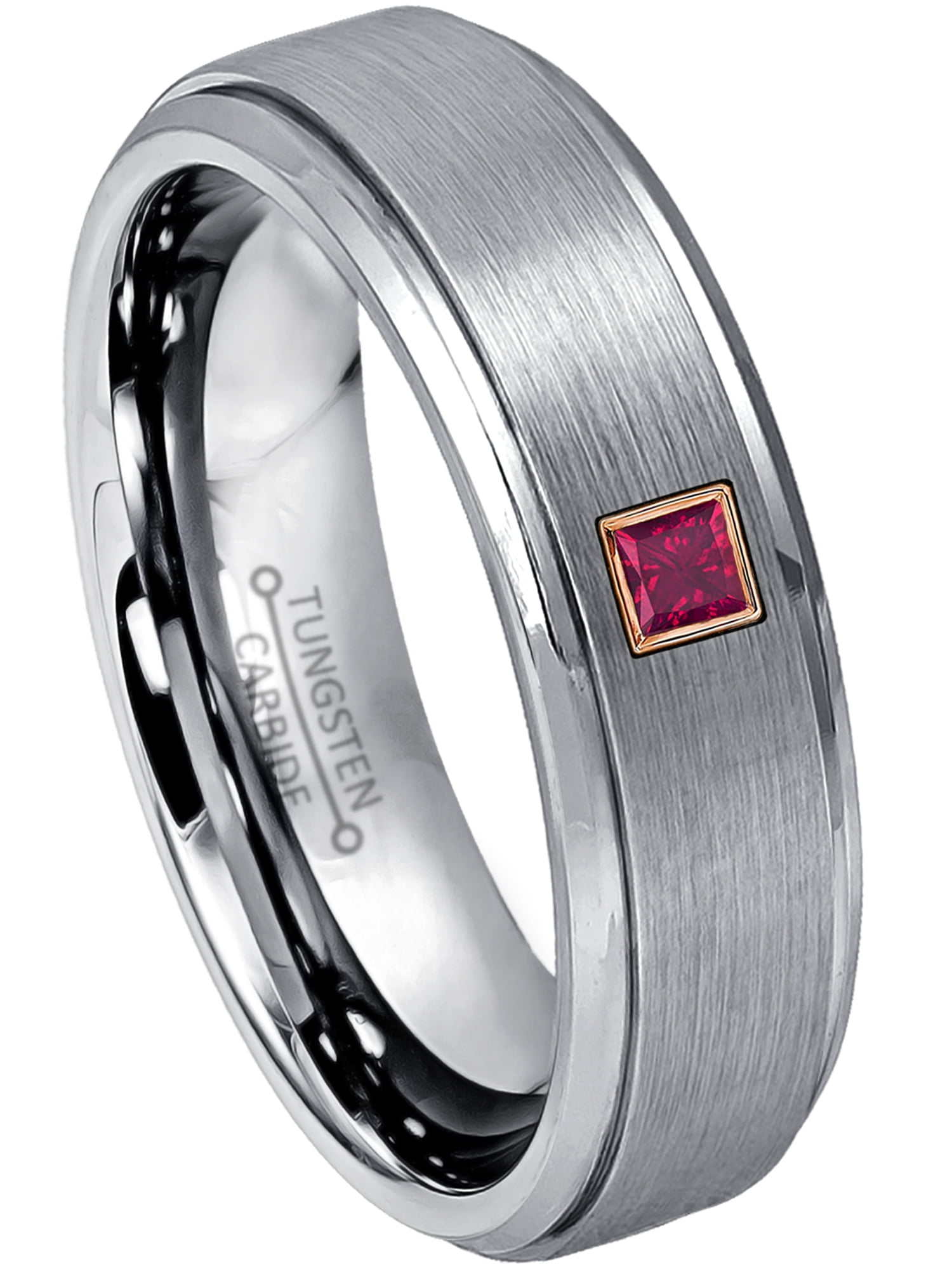 0.05ctw Princess Cut Ruby Tungsten Ring - 6MM Brushed Finish Stepped ...