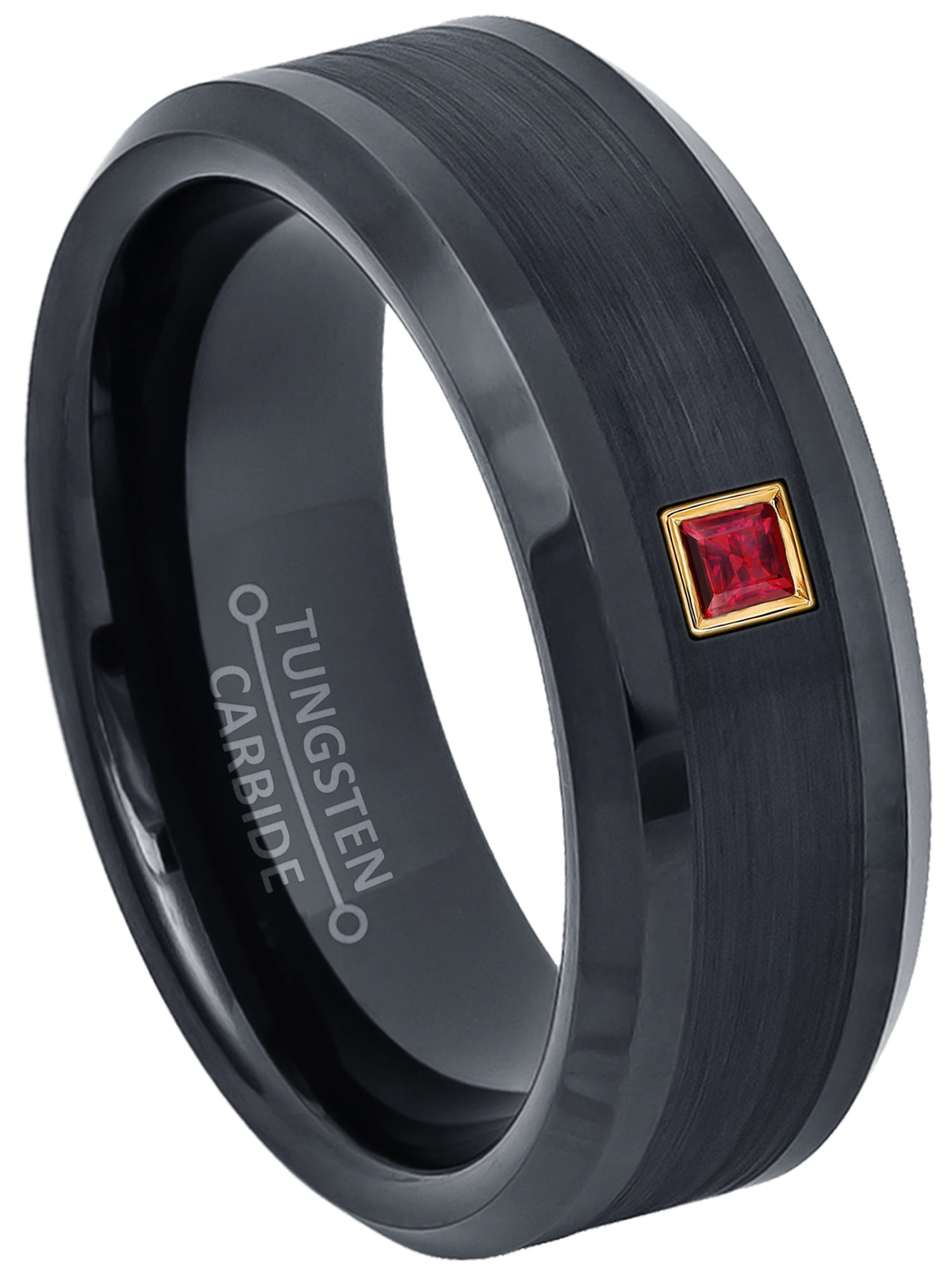 0.05ctw Princess Cut Ruby Tungsten Ring - 8MM Beveled Comfort Fit Black ...
