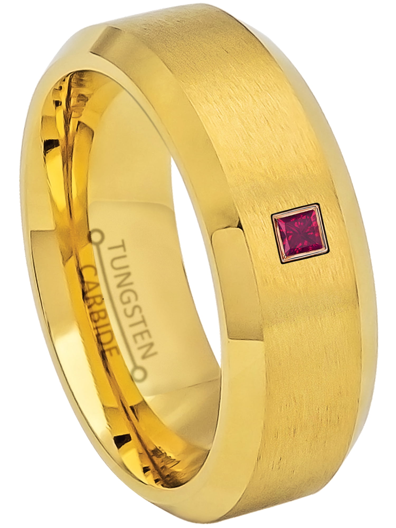 0.05ctw Princess Cut Ruby Tungsten Ring - 8MM Brushed Yellow Gold IP ...
