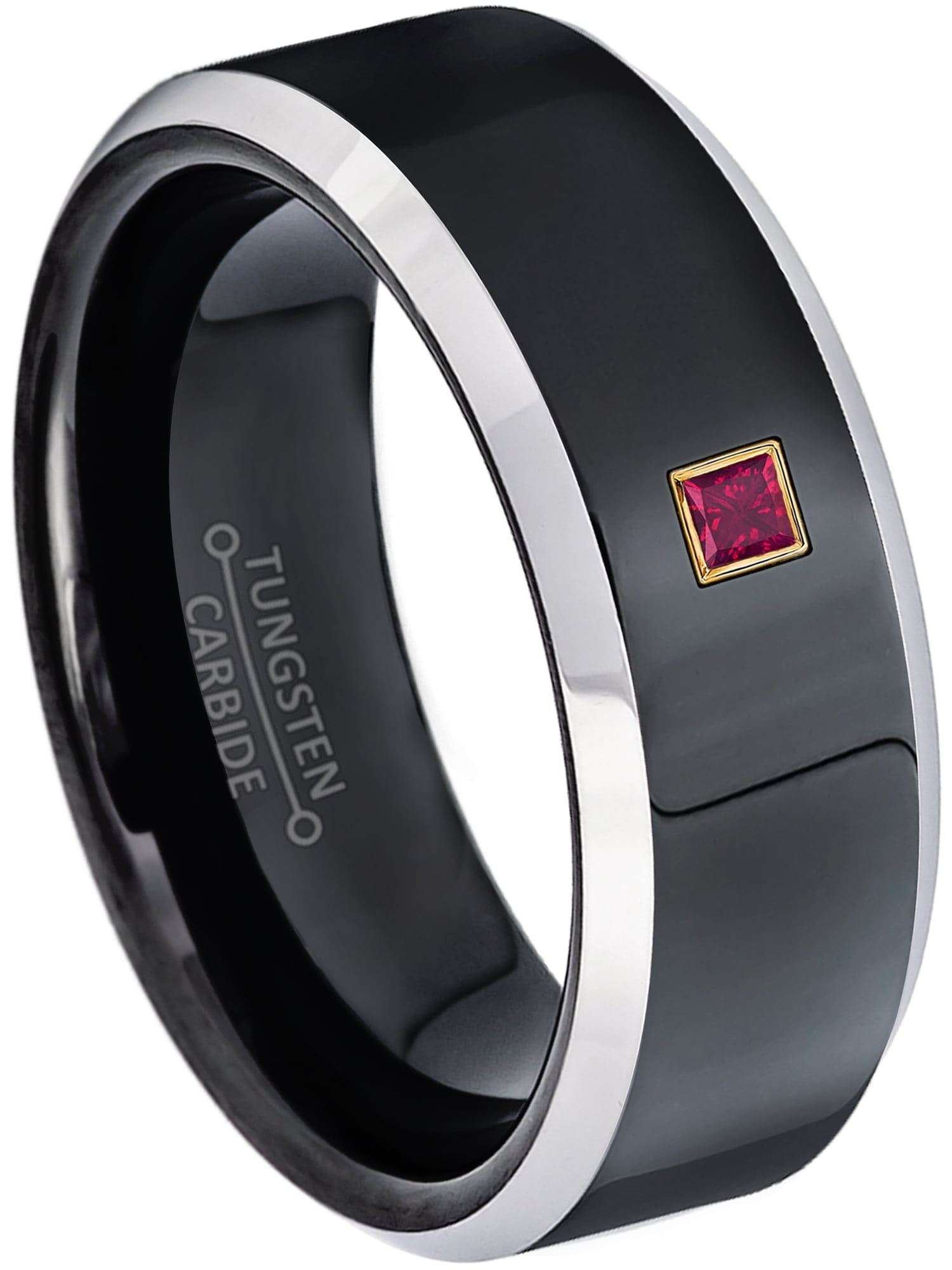 0.05ctw Princess Cut Ruby Tungsten Ring - 8MM Polished Black IP Beveled ...